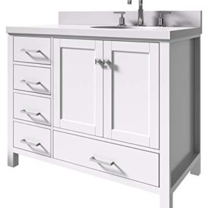 ARIEL Bathroom Vanity 43" Inch in White with Pure White Quartz Countertop, Right Offset Oval Sink 2 Soft Closing Doors and 5 Full Extension Dovetail Drawers, No Mirror