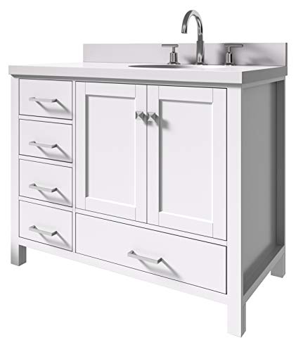 ARIEL Bathroom Vanity 43" Inch in White with Pure White Quartz Countertop, Right Offset Oval Sink 2 Soft Closing Doors and 5 Full Extension Dovetail Drawers, No Mirror