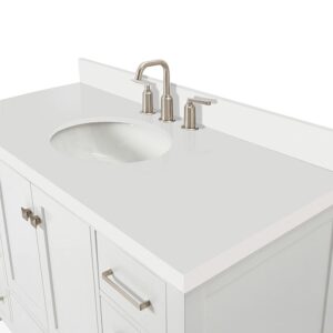 DKB Beckford Bathroom Vanity 49" White with 1.5" Edge Pure White Quartz Countertop & Backsplash, Center Oval Sink, 2 Soft Closing Doors, 9 Full Extension Dovetail Drawers, Brushed Nickel