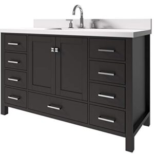 ARIEL Bathroom Vanity 55" Inch in Espresso with Pure White Quartz Countertop, Rectangular Sink, 2 Soft Closing Doors and 9 Full Extension Dovetail Drawers, No Mirror