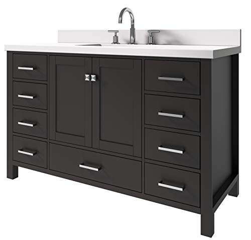 ARIEL Bathroom Vanity 55" Inch in Espresso with Pure White Quartz Countertop, Rectangular Sink, 2 Soft Closing Doors and 9 Full Extension Dovetail Drawers, No Mirror