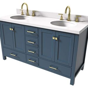 ARIEL Double Bathroom Vanity 61" Inch in Midnight Blue with Pure White Quartz Countertop, Oval Sinks, 4 Soft Closing Doors and 6 Full Extension Dovetail Drawers, No Mirror