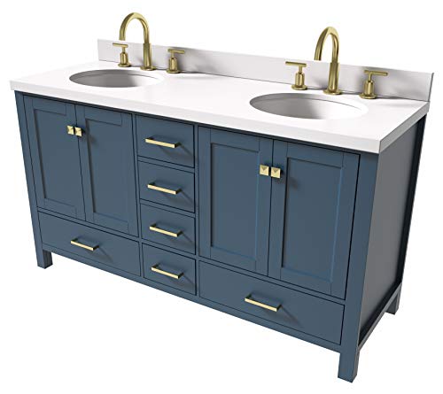 ARIEL Double Bathroom Vanity 61" Inch in Midnight Blue with Pure White Quartz Countertop, Oval Sinks, 4 Soft Closing Doors and 6 Full Extension Dovetail Drawers, No Mirror