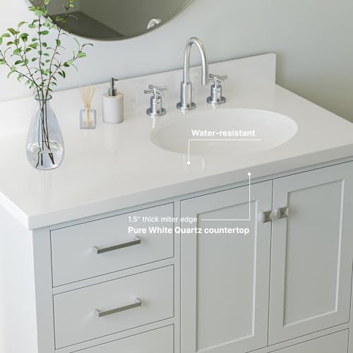 ARIEL Cambridge 43 Inch White Bathroom Vanity with Sink, 1.5" Edge Quartz Countertop, Solid Wood, Right Oval Sink, 2 Soft Closing Doors, 5 Full Extension Dovetail Drawers