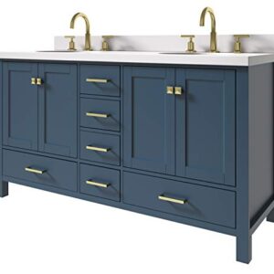 ARIEL Double Bathroom Vanity 61" Inch in Midnight Blue with Pure White Quartz Countertop, Oval Sinks, 4 Soft Closing Doors and 6 Full Extension Dovetail Drawers, No Mirror