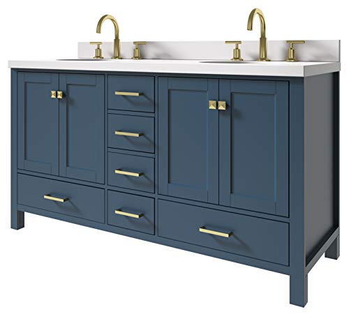 ARIEL Double Bathroom Vanity 61" Inch in Midnight Blue with Pure White Quartz Countertop, Oval Sinks, 4 Soft Closing Doors and 6 Full Extension Dovetail Drawers, No Mirror