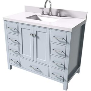 ARIEL Bathroom Vanity 43" Inch in Grey with Pure White Quartz Countertop, Rectangular Sink, 2 Soft Closing Doors and 9 Full Extension Dovetail Drawers, No Mirror