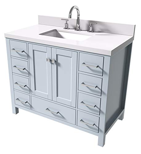 ARIEL Bathroom Vanity 43" Inch in Grey with Pure White Quartz Countertop, Rectangular Sink, 2 Soft Closing Doors and 9 Full Extension Dovetail Drawers, No Mirror