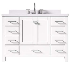 ariel bathroom vanity 49" inch in white with pure white quartz countertop, oval sink, 2 soft closing doors and 9 full extension dovetail drawers, no mirror