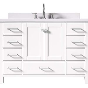 ARIEL Bathroom Vanity 49" Inch in White with Pure White Quartz Countertop, Oval Sink, 2 Soft Closing Doors and 9 Full Extension Dovetail Drawers, No Mirror