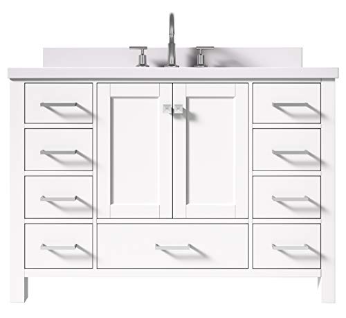 ARIEL Bathroom Vanity 49" Inch in White with Pure White Quartz Countertop, Oval Sink, 2 Soft Closing Doors and 9 Full Extension Dovetail Drawers, No Mirror