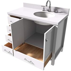 ARIEL Bathroom Vanity 43" Inch in White with Pure White Quartz Countertop, Right Offset Oval Sink 2 Soft Closing Doors and 5 Full Extension Dovetail Drawers, No Mirror