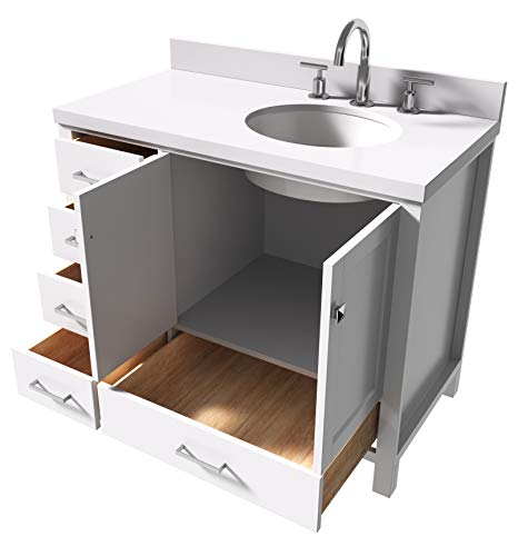 ARIEL Bathroom Vanity 43" Inch in White with Pure White Quartz Countertop, Right Offset Oval Sink 2 Soft Closing Doors and 5 Full Extension Dovetail Drawers, No Mirror