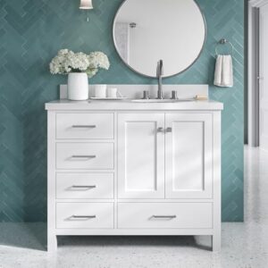 ariel cambridge 43 inch white bathroom vanity with sink, 1.5" edge quartz countertop, solid wood, right oval sink, 2 soft closing doors, 5 full extension dovetail drawers