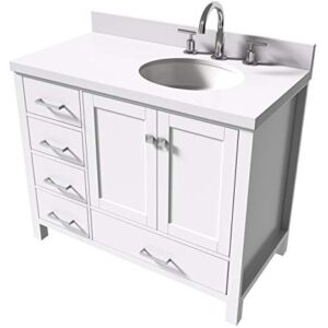 ARIEL Bathroom Vanity 43" Inch in White with Pure White Quartz Countertop, Right Offset Oval Sink 2 Soft Closing Doors and 5 Full Extension Dovetail Drawers, No Mirror