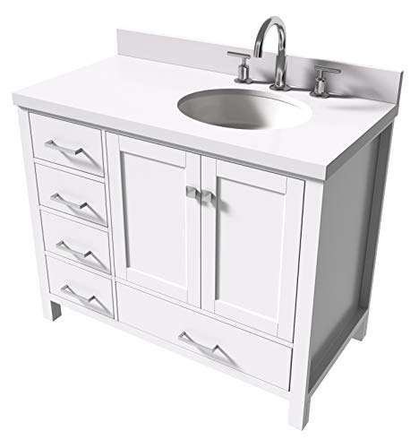 ARIEL Bathroom Vanity 43" Inch in White with Pure White Quartz Countertop, Right Offset Oval Sink 2 Soft Closing Doors and 5 Full Extension Dovetail Drawers, No Mirror