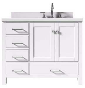 ariel bathroom vanity 43" inch in white with pure white quartz countertop, right offset oval sink 2 soft closing doors and 5 full extension dovetail drawers, no mirror