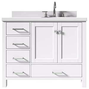 ARIEL Bathroom Vanity 43" Inch in White with Pure White Quartz Countertop, Right Offset Oval Sink 2 Soft Closing Doors and 5 Full Extension Dovetail Drawers, No Mirror