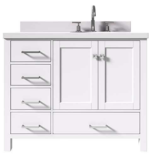 ARIEL Bathroom Vanity 43" Inch in White with Pure White Quartz Countertop, Right Offset Oval Sink 2 Soft Closing Doors and 5 Full Extension Dovetail Drawers, No Mirror