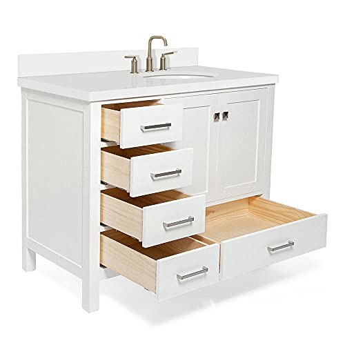 ARIEL Cambridge 43 Inch White Bathroom Vanity with Sink, 1.5" Edge Quartz Countertop, Solid Wood, Right Oval Sink, 2 Soft Closing Doors, 5 Full Extension Dovetail Drawers