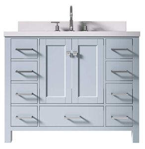 ariel bathroom vanity 43" inch in grey with pure white quartz countertop, rectangular sink, 2 soft closing doors and 9 full extension dovetail drawers, no mirror