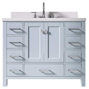 ARIEL Bathroom Vanity 43" Inch in Grey with Pure White Quartz Countertop, Rectangular Sink, 2 Soft Closing Doors and 9 Full Extension Dovetail Drawers, No Mirror