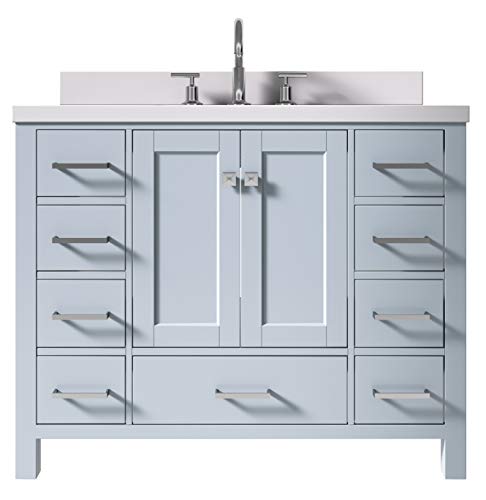 ARIEL Bathroom Vanity 43" Inch in Grey with Pure White Quartz Countertop, Rectangular Sink, 2 Soft Closing Doors and 9 Full Extension Dovetail Drawers, No Mirror