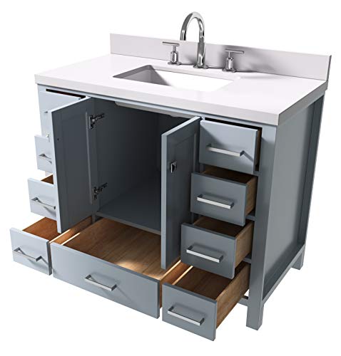 ARIEL Bathroom Vanity 43" Inch in Grey with Pure White Quartz Countertop, Rectangular Sink, 2 Soft Closing Doors and 9 Full Extension Dovetail Drawers, No Mirror