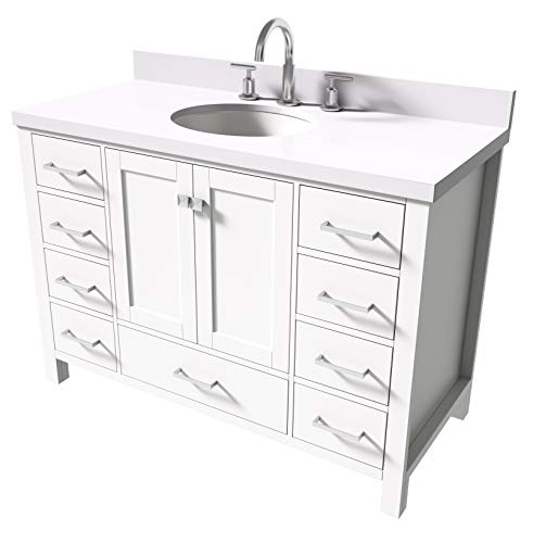 ARIEL Bathroom Vanity 49" Inch in White with Pure White Quartz Countertop, Oval Sink, 2 Soft Closing Doors and 9 Full Extension Dovetail Drawers, No Mirror