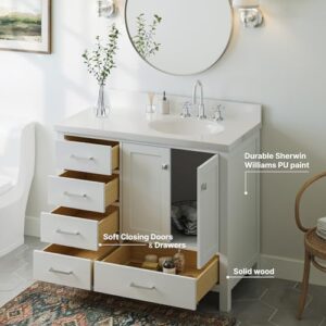 ARIEL Cambridge 43 Inch White Bathroom Vanity with Sink, 1.5" Edge Quartz Countertop, Solid Wood, Right Oval Sink, 2 Soft Closing Doors, 5 Full Extension Dovetail Drawers