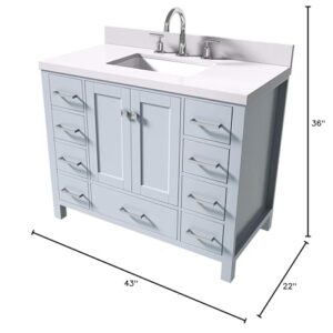 ARIEL Bathroom Vanity 43" Inch in Grey with Pure White Quartz Countertop, Rectangular Sink, 2 Soft Closing Doors and 9 Full Extension Dovetail Drawers, No Mirror