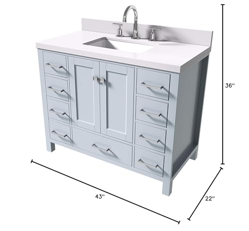 ARIEL Bathroom Vanity 43" Inch in Grey with Pure White Quartz Countertop, Rectangular Sink, 2 Soft Closing Doors and 9 Full Extension Dovetail Drawers, No Mirror