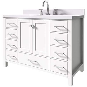 ARIEL Bathroom Vanity 49" Inch in White with Pure White Quartz Countertop, Oval Sink, 2 Soft Closing Doors and 9 Full Extension Dovetail Drawers, No Mirror