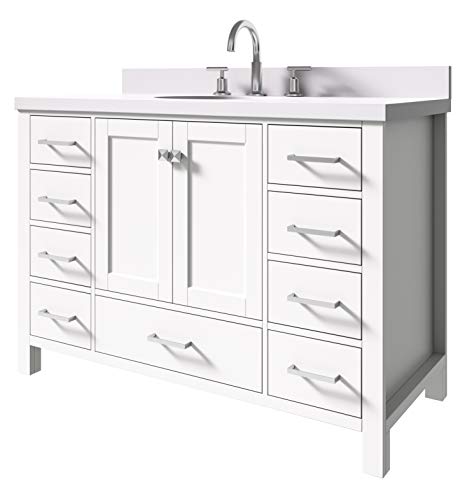 ARIEL Bathroom Vanity 49" Inch in White with Pure White Quartz Countertop, Oval Sink, 2 Soft Closing Doors and 9 Full Extension Dovetail Drawers, No Mirror