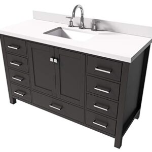 ARIEL Bathroom Vanity 55" Inch in Espresso with Pure White Quartz Countertop, Rectangular Sink, 2 Soft Closing Doors and 9 Full Extension Dovetail Drawers, No Mirror