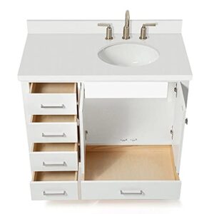 ARIEL Cambridge 43 Inch White Bathroom Vanity with Sink, 1.5" Edge Quartz Countertop, Solid Wood, Right Oval Sink, 2 Soft Closing Doors, 5 Full Extension Dovetail Drawers