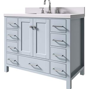 ARIEL Bathroom Vanity 43" Inch in Grey with Pure White Quartz Countertop, Rectangular Sink, 2 Soft Closing Doors and 9 Full Extension Dovetail Drawers, No Mirror