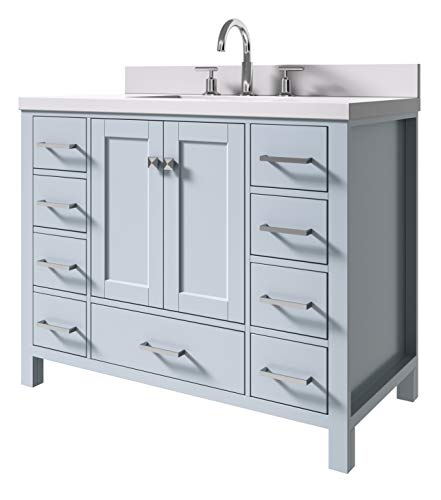 ARIEL Bathroom Vanity 43" Inch in Grey with Pure White Quartz Countertop, Rectangular Sink, 2 Soft Closing Doors and 9 Full Extension Dovetail Drawers, No Mirror