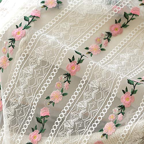 130cm Width Colorful Floral Embroidery Strip Pattern Haute Couture Lace Fabric by The Yard (White)