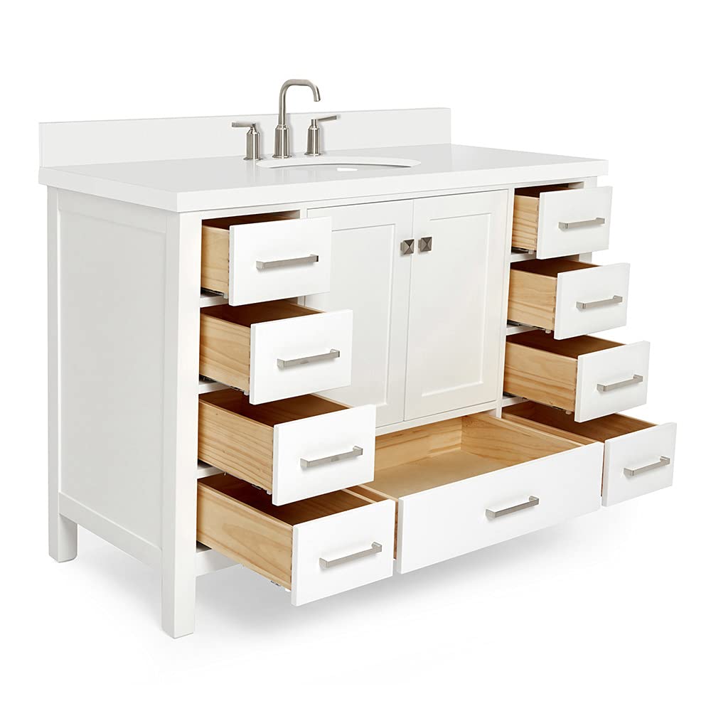 DKB Beckford Bathroom Vanity 49" White with 1.5" Edge Pure White Quartz Countertop & Backsplash, Center Oval Sink, 2 Soft Closing Doors, 9 Full Extension Dovetail Drawers, Brushed Nickel