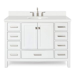 ariel 49" white bathroom vanity with 1.5" edge pure white quartz countertop & backsplash, center oval sink, 2 soft closing doors, 9 full extension dovetail drawers, brushed nickel