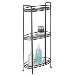 mdesign 3 tier vertical standing bathroom shelving unit, decorative metal storage organizer tower rack with 3 basket bins to hold and organize bath towels, hand soap, toiletries - black