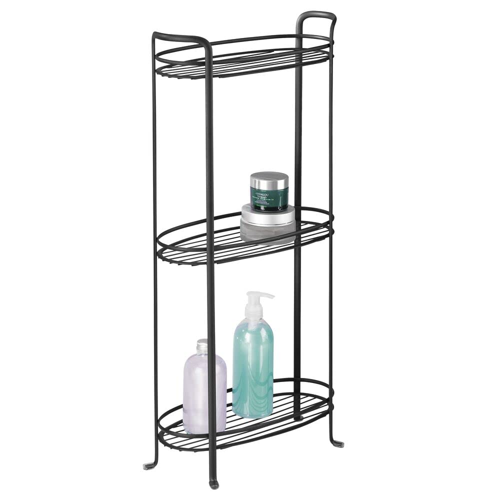 mDesign 3 Tier Vertical Standing Bathroom Shelving Unit, Decorative Metal Storage Organizer Tower Rack with 3 Basket Bins to Hold and Organize Bath Towels, Hand Soap, Toiletries - Black