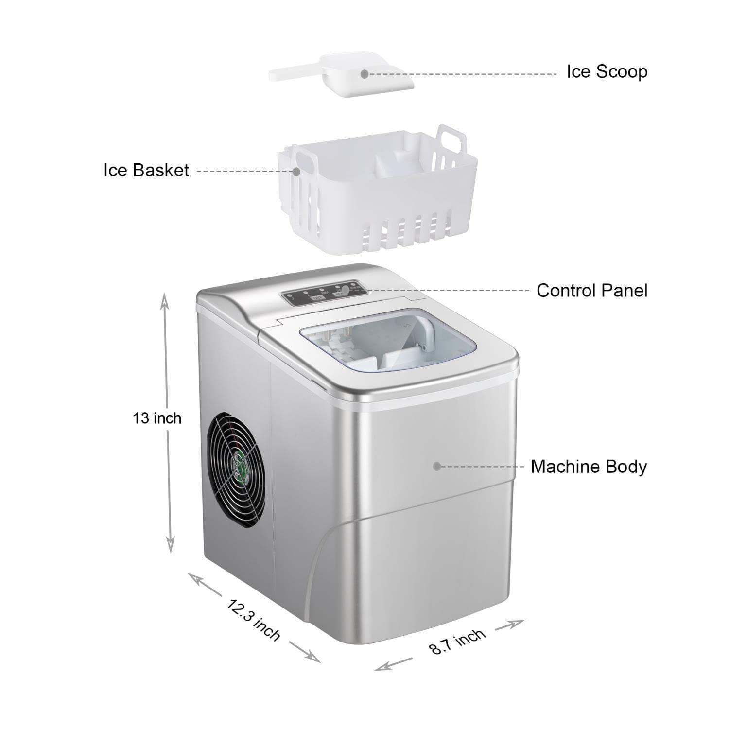 OKADA Countertop Portable Ice Maker Machine - 9 Ice Cubes Ready in 6 Mins - Makes 26 lbs Ice in 24 hrs - Electric Ice Making Machine with Removable Basket and Ice Scoop (Sliver)