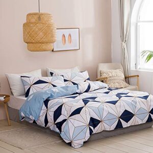 Diamond Comforter CovertwinWhite Teal Blue Geometric Triangle Duvet Cover Men Adults Lines Soft Luxury Modern Decorative Kids Check Bedding Set for Girls Women Breathable Gold Stripe Quilt