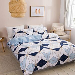 Diamond Comforter CovertwinWhite Teal Blue Geometric Triangle Duvet Cover Men Adults Lines Soft Luxury Modern Decorative Kids Check Bedding Set for Girls Women Breathable Gold Stripe Quilt