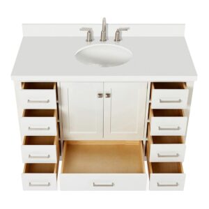 DKB Beckford Bathroom Vanity 49" White with 1.5" Edge Pure White Quartz Countertop & Backsplash, Center Oval Sink, 2 Soft Closing Doors, 9 Full Extension Dovetail Drawers, Brushed Nickel