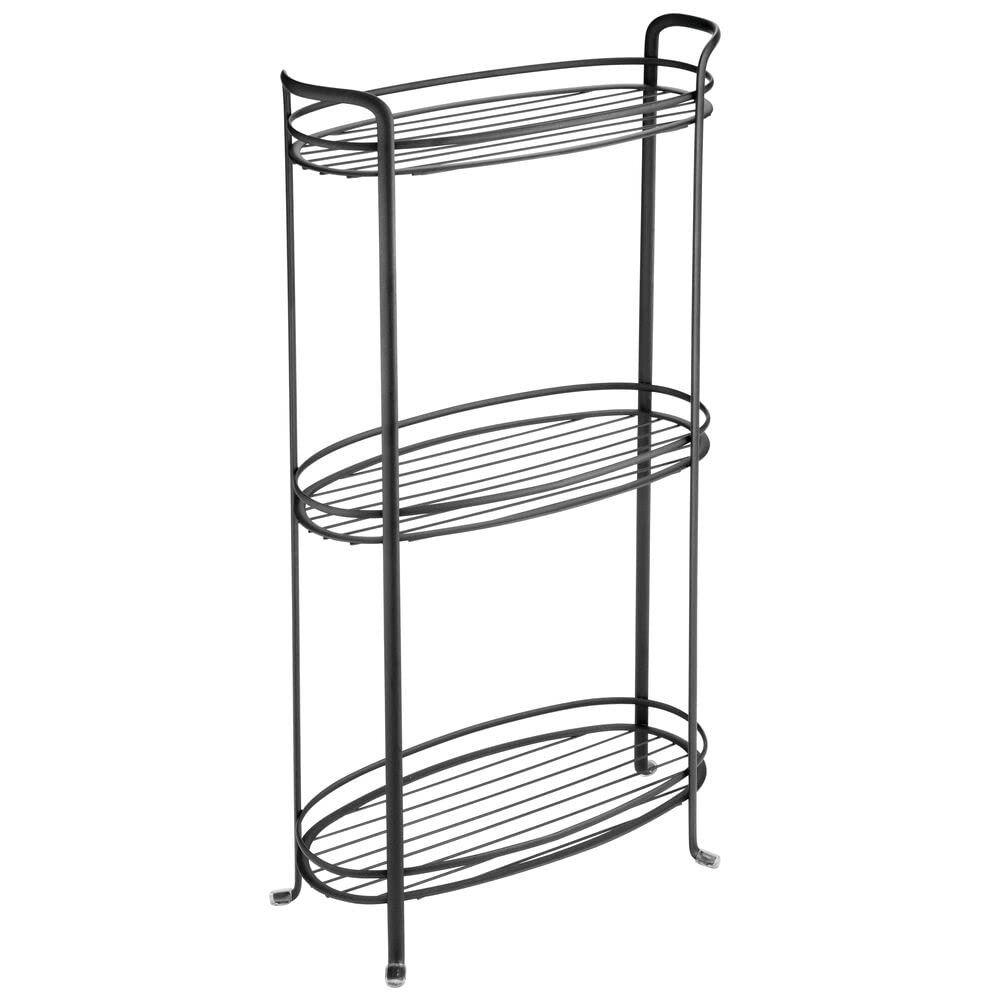 mDesign 3 Tier Vertical Standing Bathroom Shelving Unit, Decorative Metal Storage Organizer Tower Rack with 3 Basket Bins to Hold and Organize Bath Towels, Hand Soap, Toiletries - Black