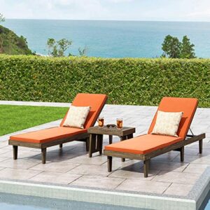 Christopher Knight Home Alexander Outdoor Acacia Wood 3 Piece Chaise Lounge Set, Gray Finish, Rust Orange