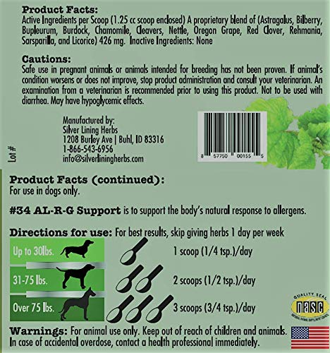 Silver Lining Herbs 34 Canine Al-R-G - Herbal Allergy Supplement for Dogs - Natural Allergy Support for Dogs - Boosts a Dog's Healthy, Normal, and Natural Response to Allergens - 2 Ounce Jar